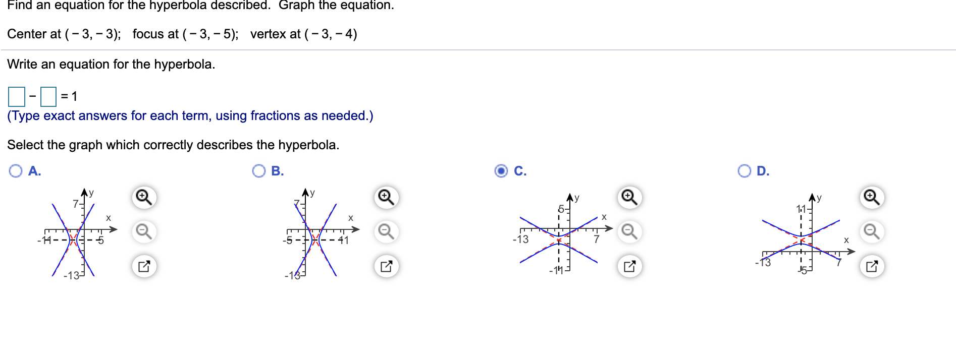Solved find an equation for the hyperbola described center | Chegg.com