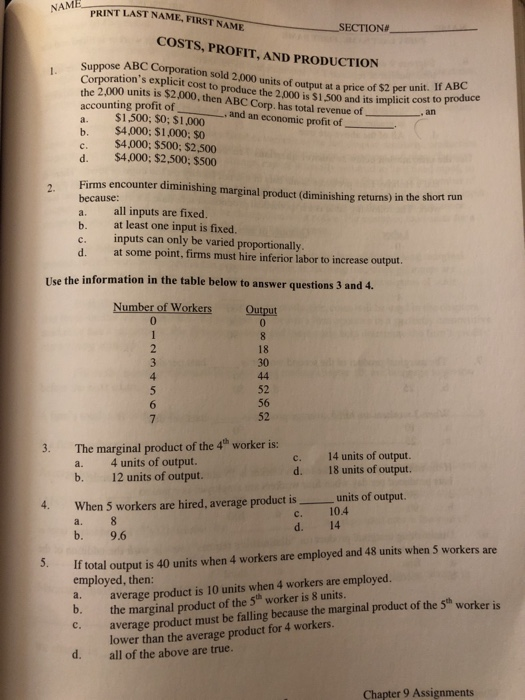 Solved NA PRINT LAST NAME, FIRST NAME SECTION # COSTS, | Chegg.com