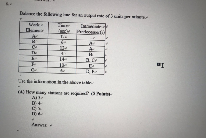 Solved 6. Balance the following line for an output rate of 3 | Chegg.com