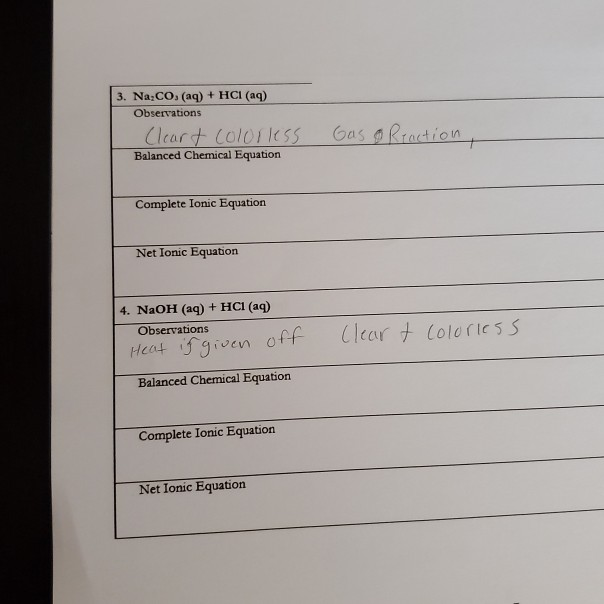 Solved 3. Na:Co. (aq) + HCl(aq) Observations Cleart | Chegg.com