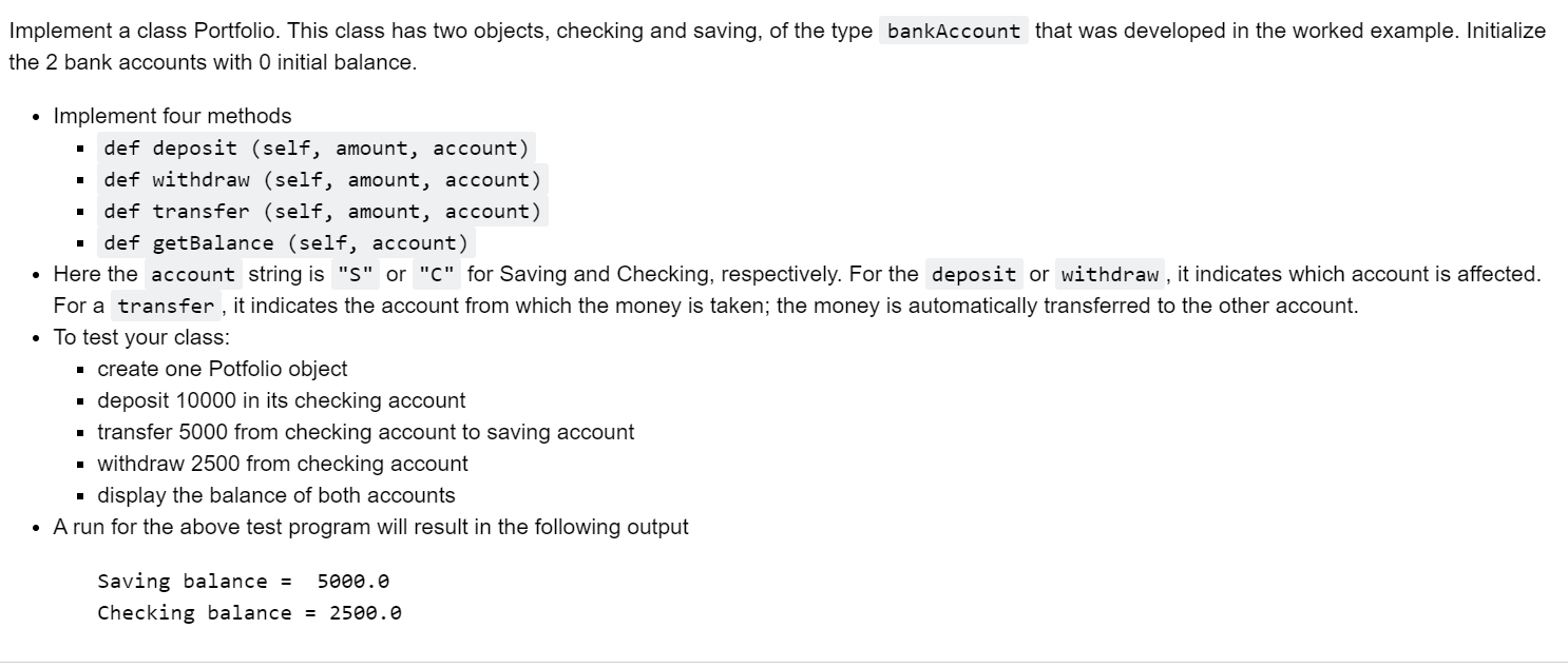 Solved Implement a class Portfolio. This class has two | Chegg.com