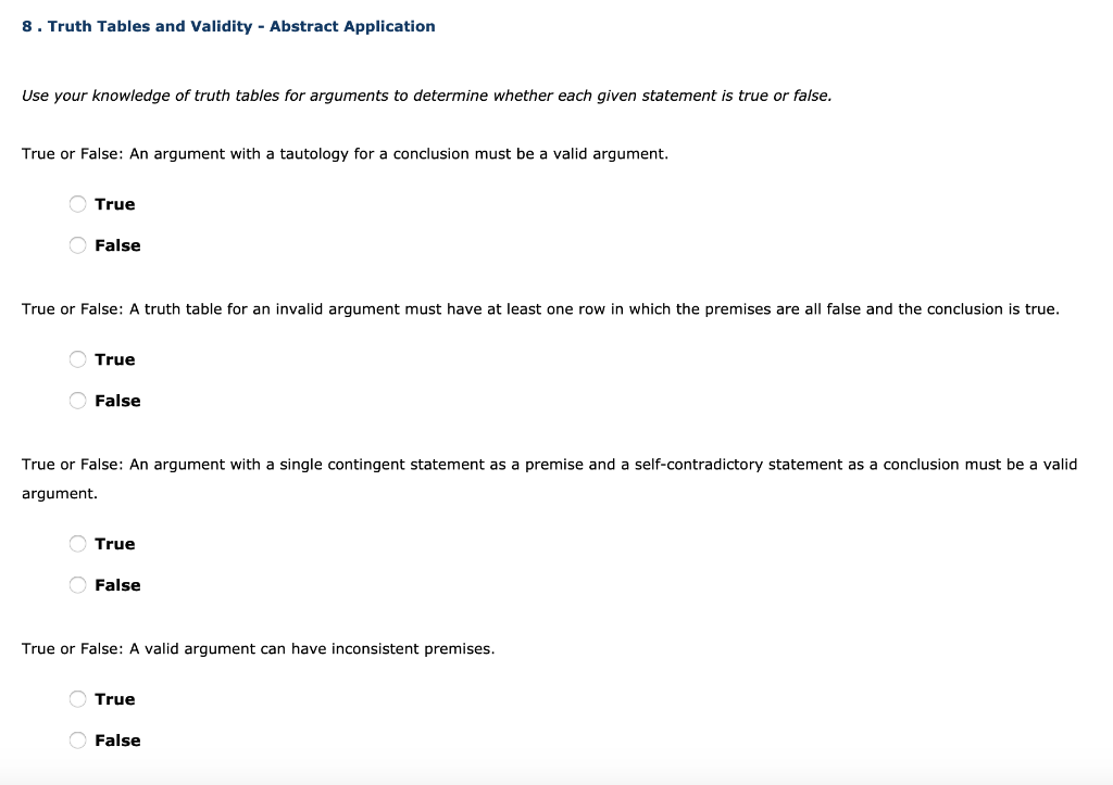 Solved 8. Truth Tables and validity - Abstract Application | Chegg.com