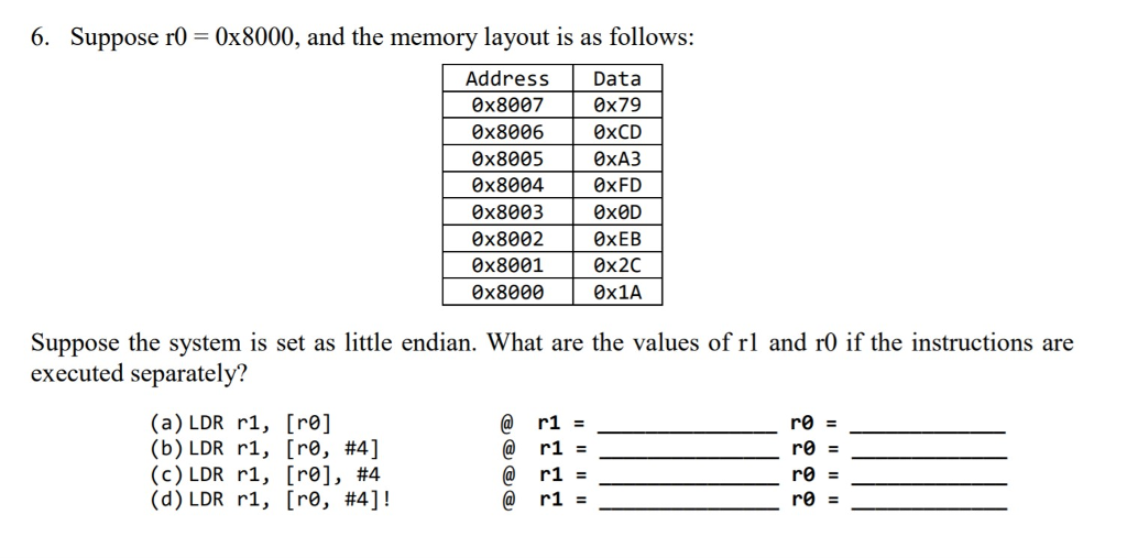 Solved 6. Suppose r0-0x8000, and the memory layout is as | Chegg.com