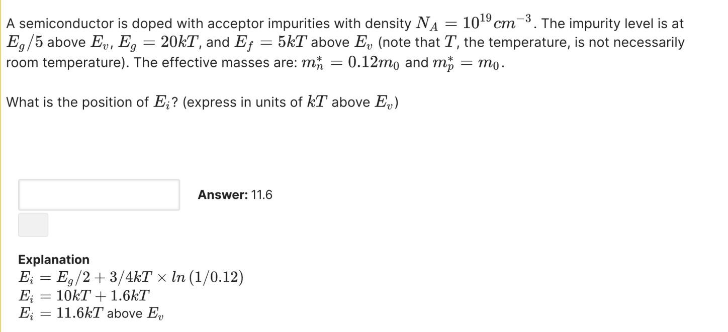 Solved A semiconductor is doped with acceptor impurities | Chegg.com