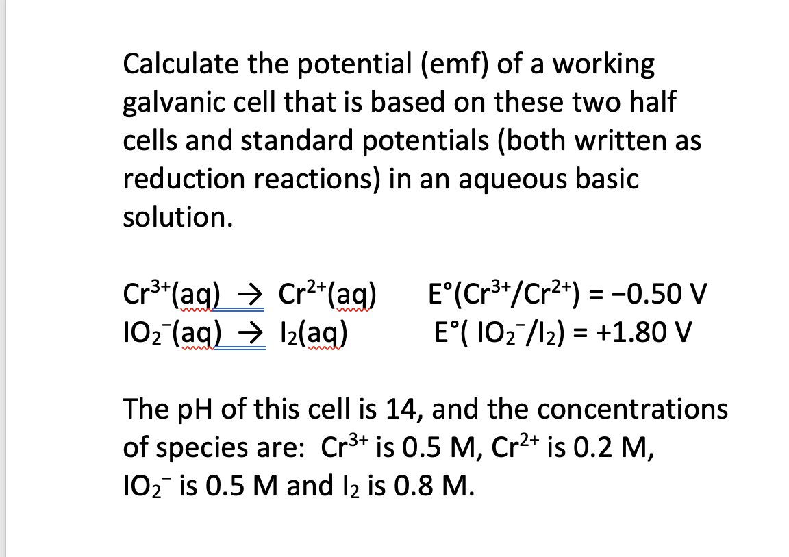 Solved Calculate the potential (emf) of a working galvanic | Chegg.com