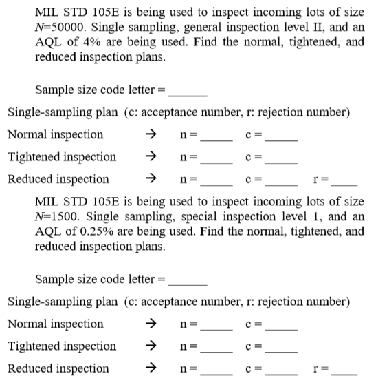 Solved MIL STD 105E is being used to inspect incoming lots | Chegg.com