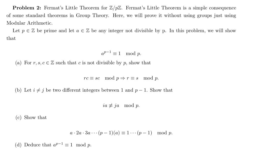 Solved Problem 2: Fermat's Little Theorem for Z/pZ. Fermat's | Chegg.com