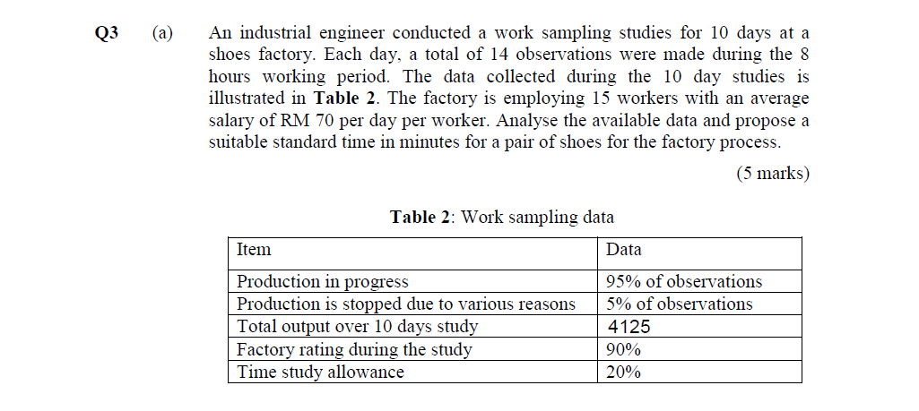 Solved Q3 (a) An industrial engineer conducted a work | Chegg.com