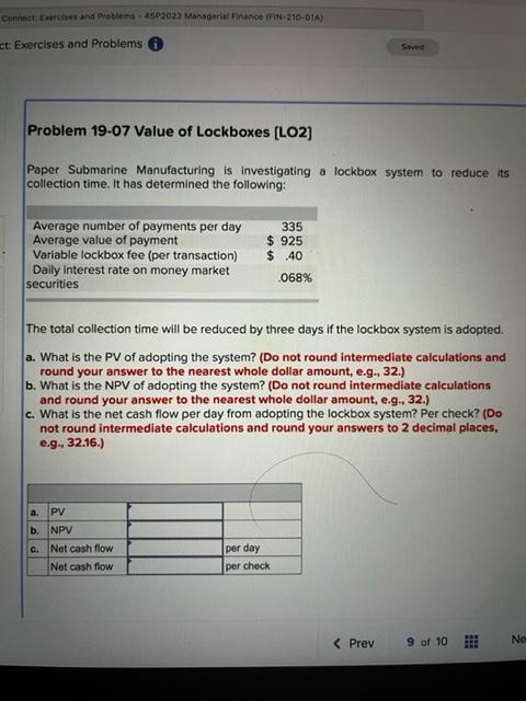 Solved Problem 19.07 Value of Lockboxes [LO2] Paper | Chegg.com