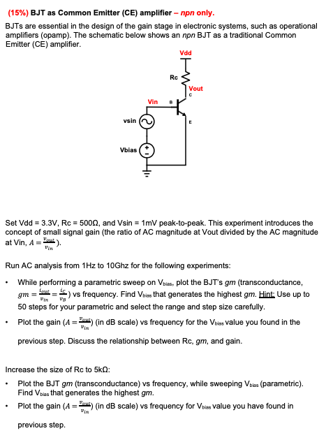 (15%) BJT as Common Emitter (CE) amplifier - npn | Chegg.com