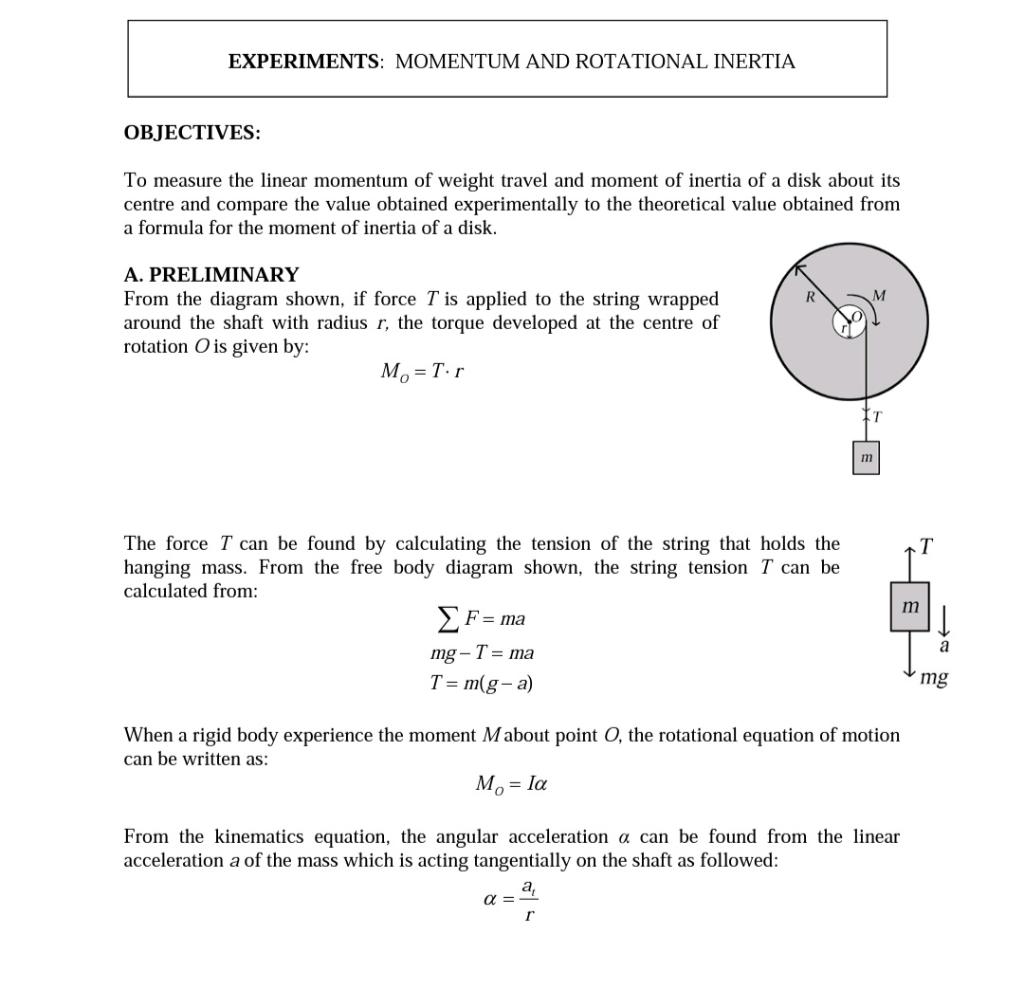 Solved EXPERIMENTS: MOMENTUM AND ROTATIONAL INERTIA | Chegg.com