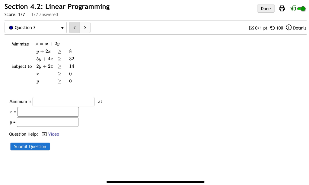 Solved Section 4.2: Linear Programming Done VO Score: 1/7 | Chegg.com