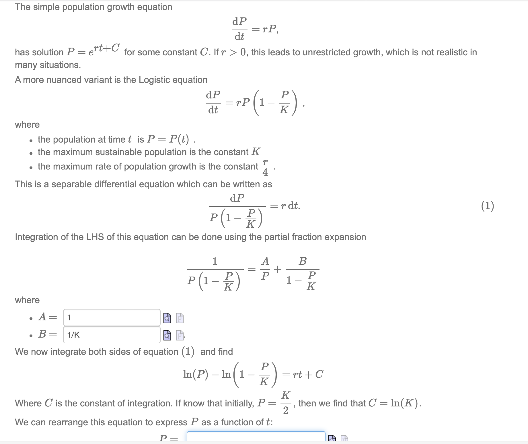 Solved The simple population growth equation dtdP=rP has | Chegg.com