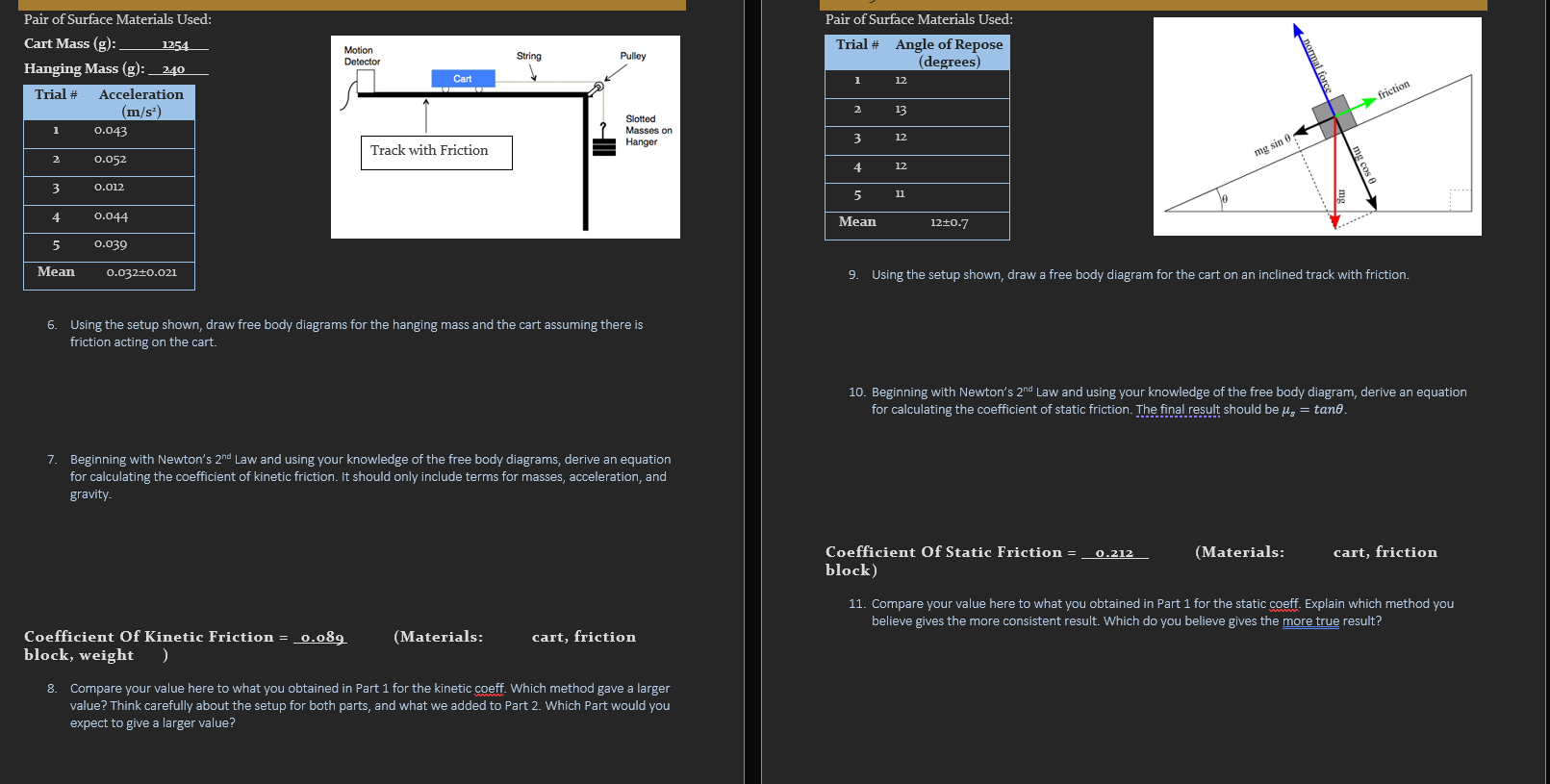 SLIDING FRICTION WORKSHEET Effect of Contact Surface | Chegg.com