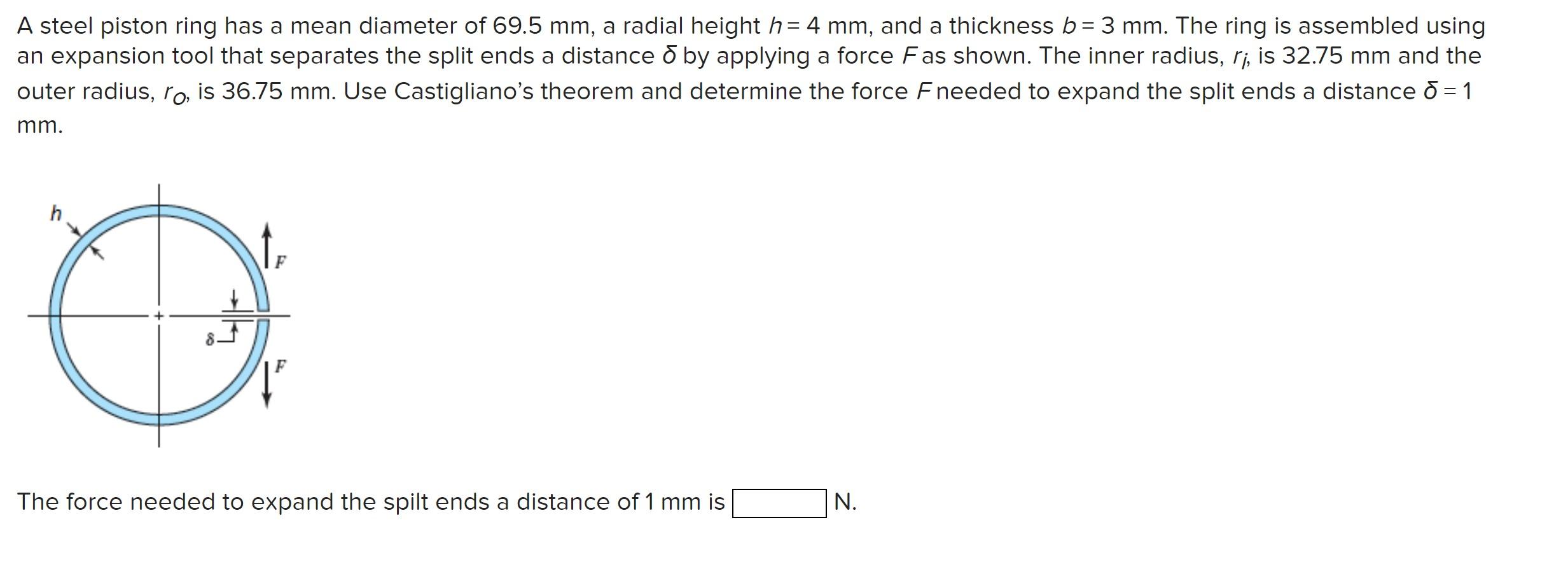 Solved A steel piston ring has a mean diameter of 69.5 mm, a | Chegg.com