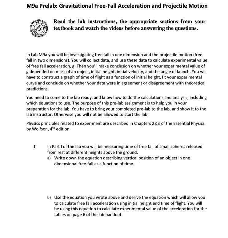 M9a Prelab: Gravitational Free-Fall Acceleration and | Chegg.com