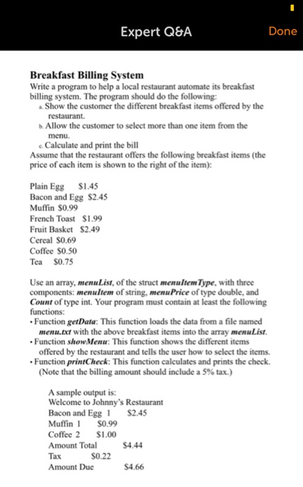 Solved Expert Q&A Done Breakfast Billing System Write a | Chegg.com