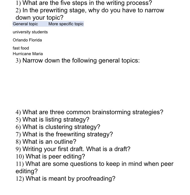 Solved 1) What are the five steps in the writing process? 2) | Chegg.com