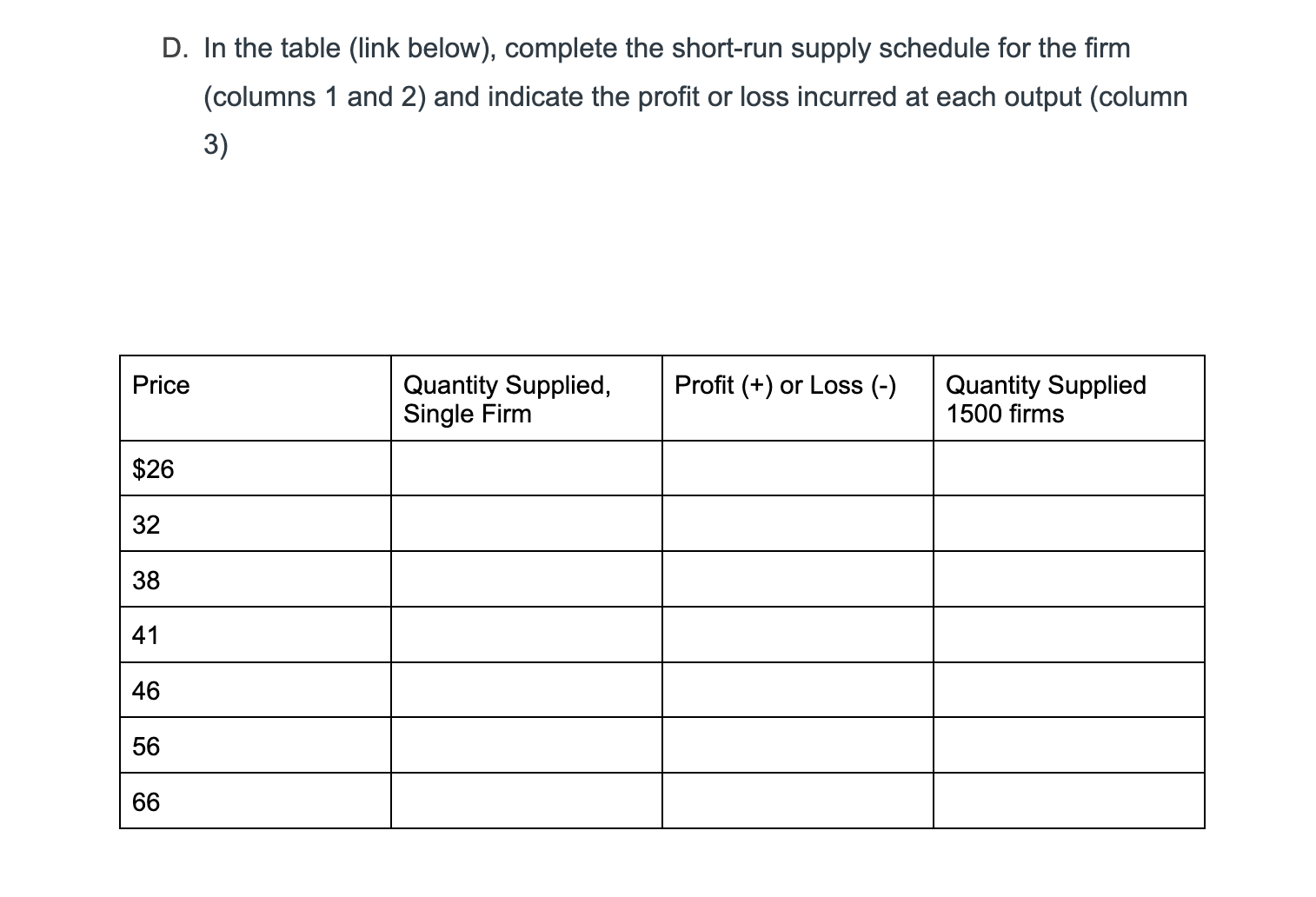 D. In the table (link below), complete the short-run | Chegg.com
