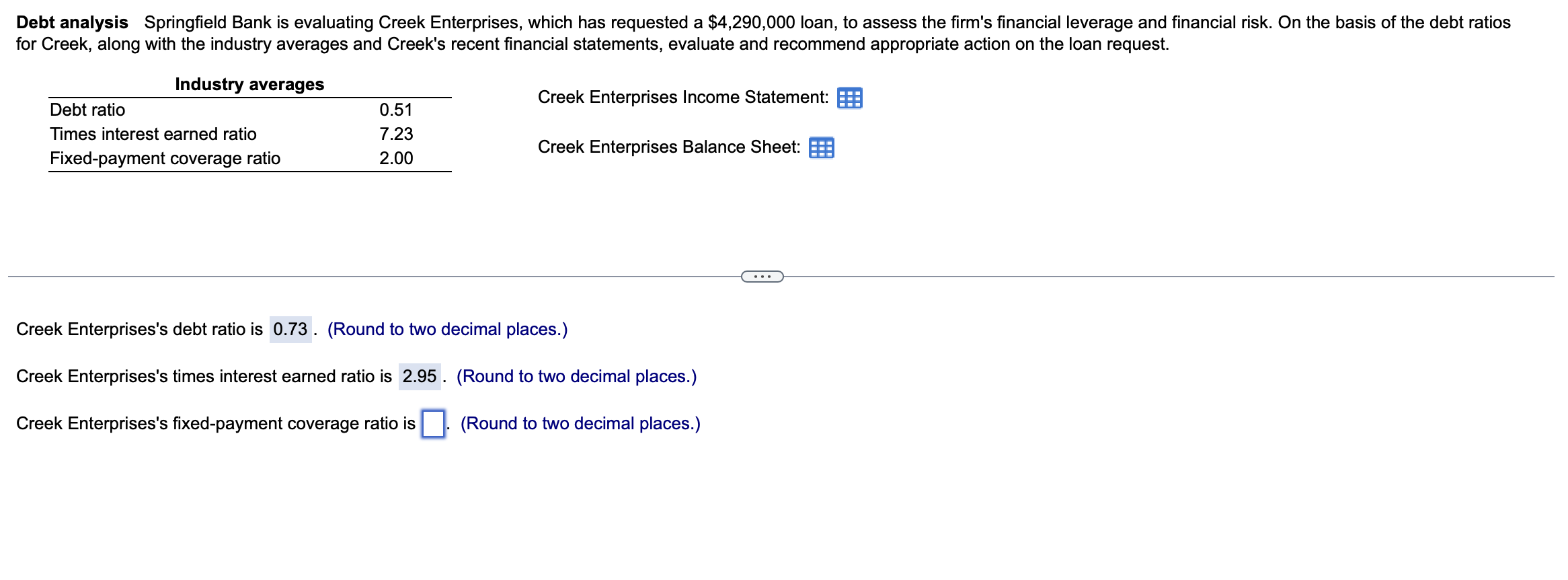 Solved Debt analysis Springfield Bank is evaluating Creek | Chegg.com
