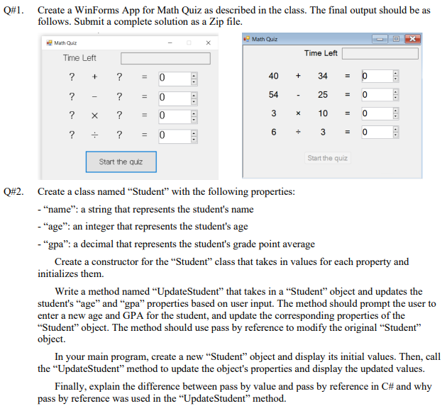 Solved 1. Create a WinForms App for Math Quiz as described | Chegg.com