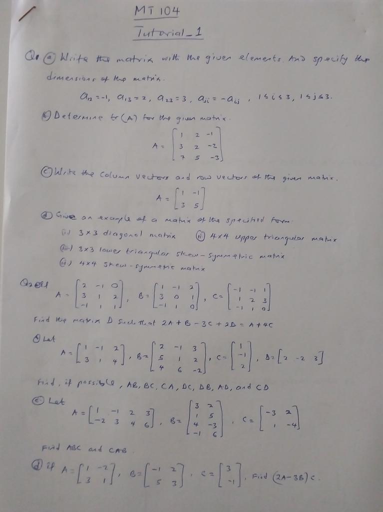 Solved MT 104 Tutorial 1 Qo @ Write the matrix with the | Chegg.com