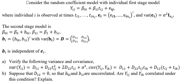 Consider the random coefficient model with individual | Chegg.com