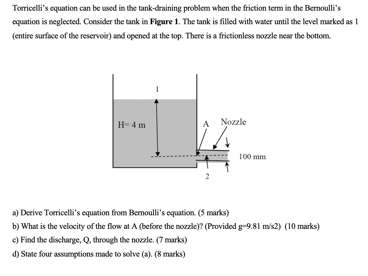 Solved Torricelli's equation can be used in the | Chegg.com