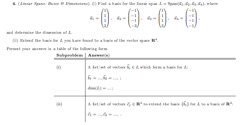 Solved 4. (Linear Spans: Bases & Dimensions). (i) Find a | Chegg.com