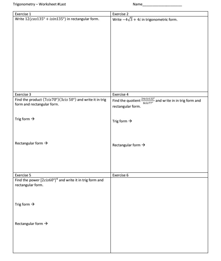 Solved Trigonometry-worksheet # Last Name Exercise 1 | Chegg.com