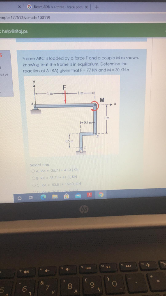 Solved G Beam ADB is a three-force bod X + | Chegg.com