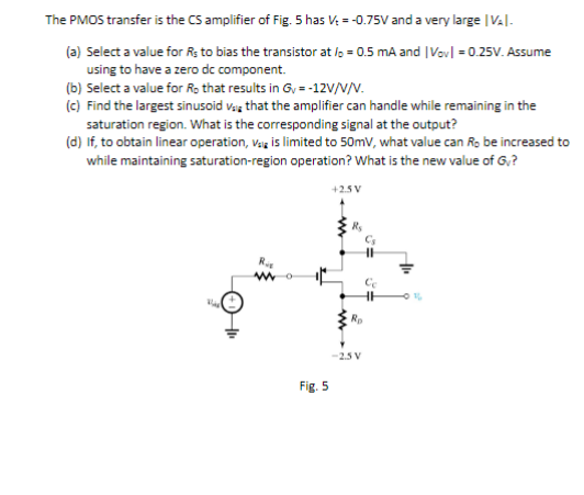 Solved The PMOS transfer is the CS amplifier of Fig. 5 has | Chegg.com