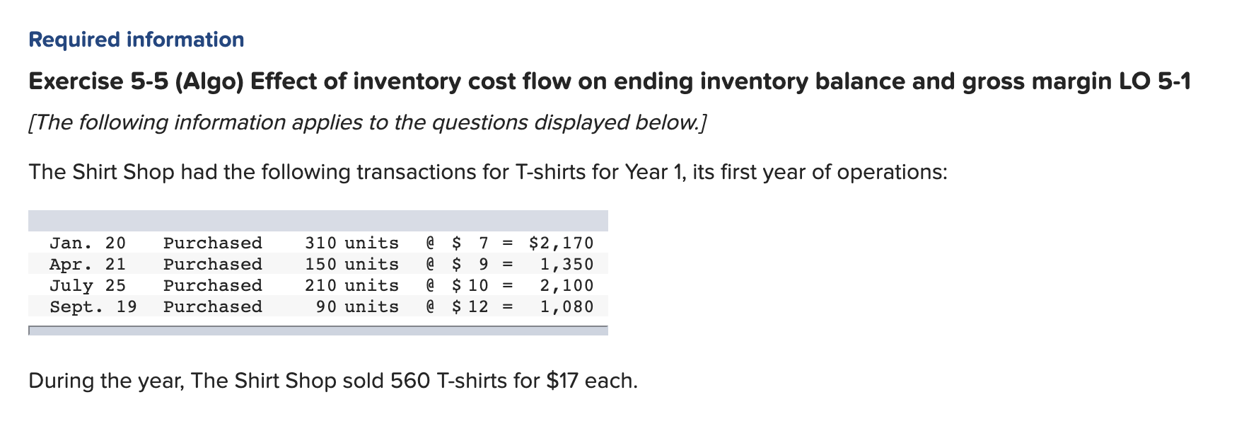 Solved Exercise 5-5 (Algo) Effect of inventory cost flow on | Chegg.com