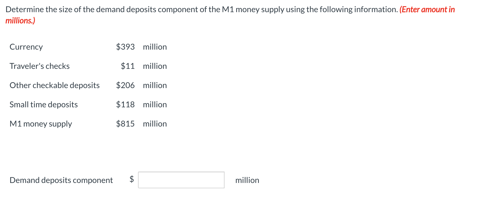 Solved Determine the size of the demand deposits component | Chegg.com