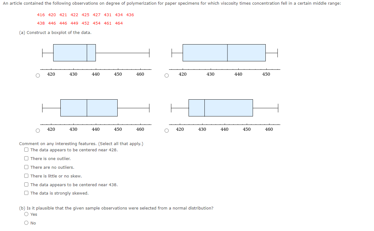 Solved (a) Construct a boxplot of the data. Comment on any | Chegg.com