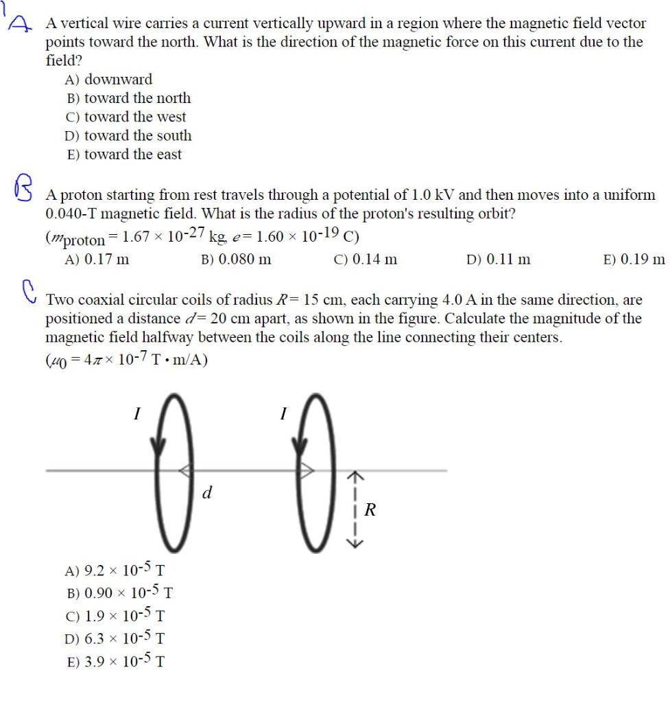Solved A A vertical wire carries a current vertically upward | Chegg.com