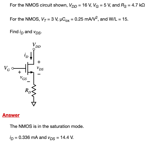 Solved For the NMOS circuit shown, VoD = 16 V, VG = 5 V, and | Chegg.com