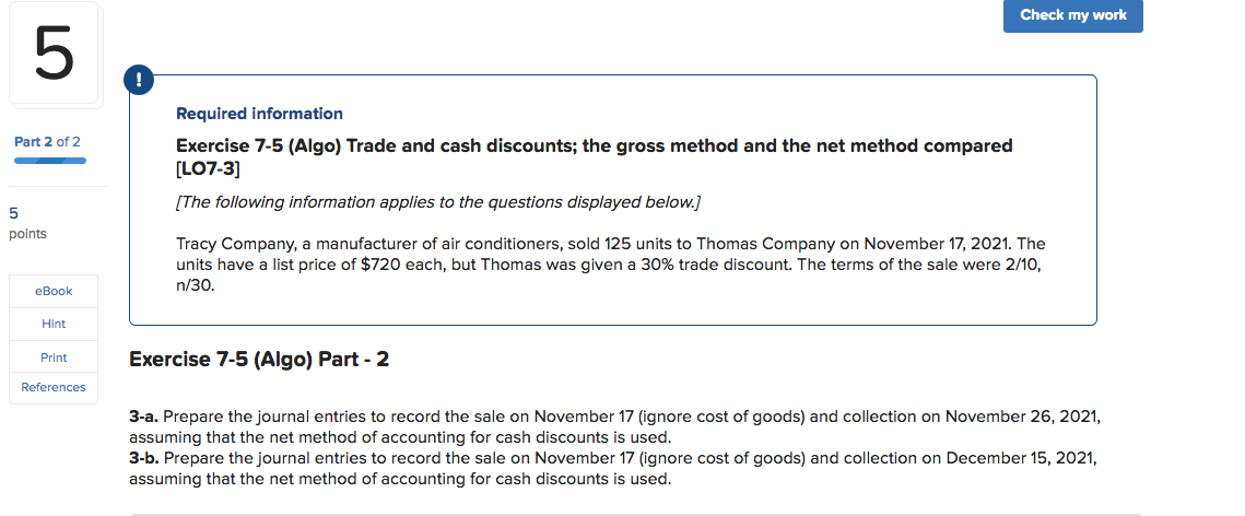 Solved Required information Exercise 7-5 (Algo) Trade and | Chegg.com