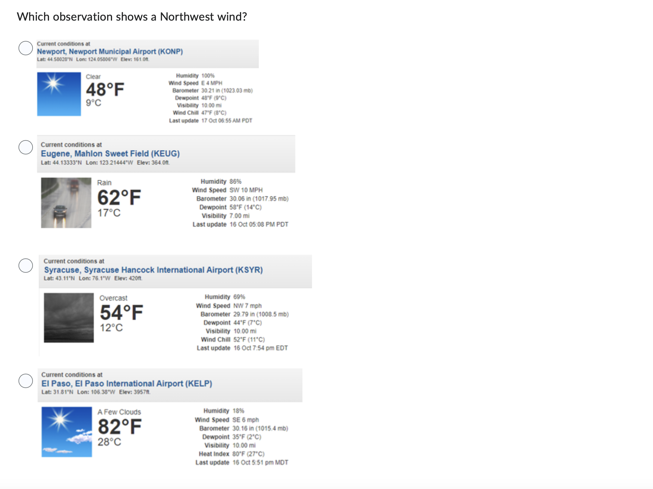 Solved Which observation shows a Northwest wind? | Chegg.com