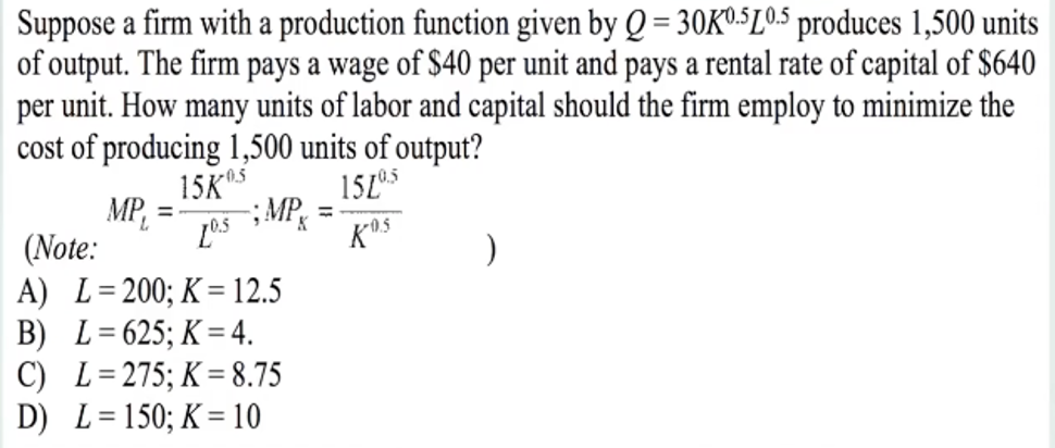 Solved Suppose a firm with a production function given by | Chegg.com