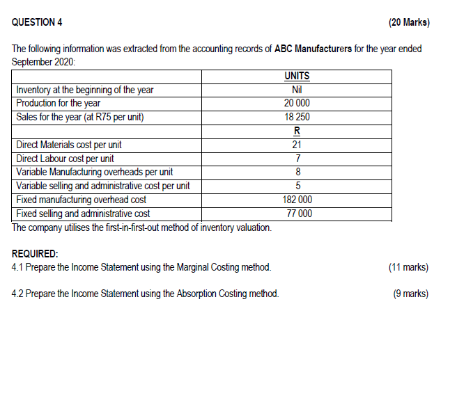 Solved QUESTION 4 (20 Marks) The following information was | Chegg.com