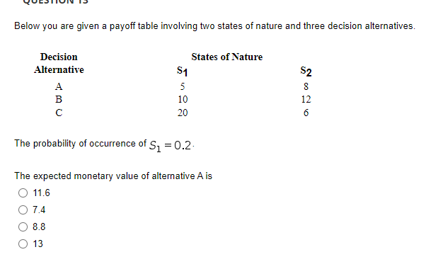 Solved Below you are given a payoff table involving two | Chegg.com