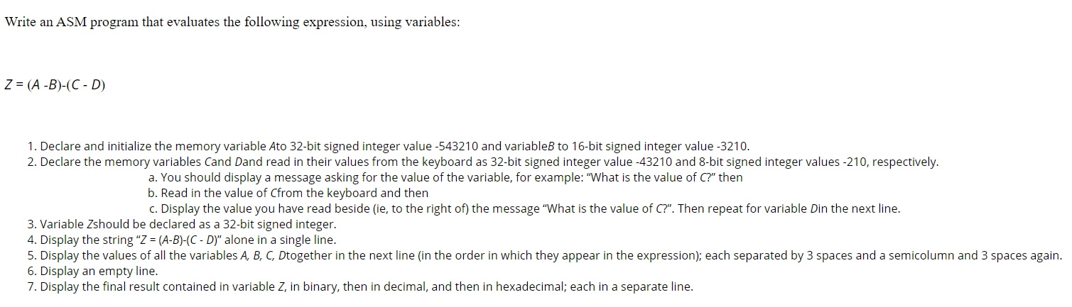 Write An Asm Program That Evaluates The Following 
