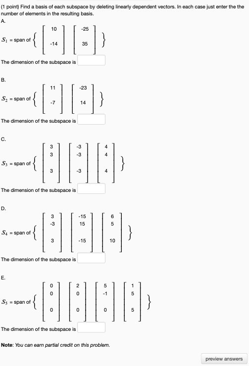 Solved (1 point) Find a basis of each subspace by deleting | Chegg.com