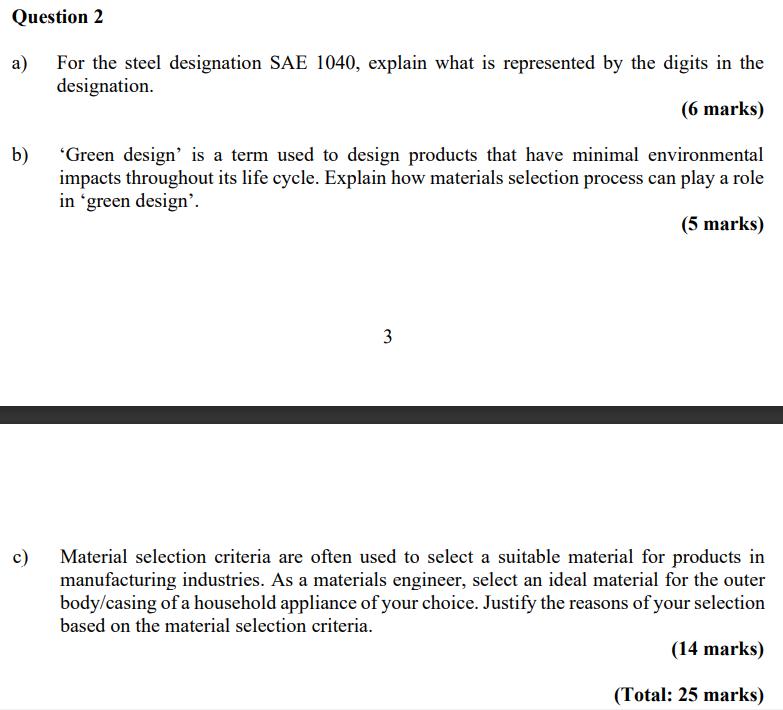 Solved Question 2 a For the steel designation SAE 1040, | Chegg.com