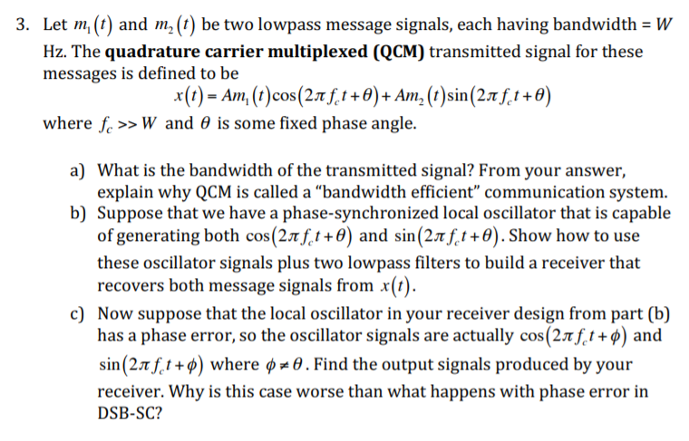 Solved 3. Let m,() and m2(t) be two lowpass message signals, | Chegg.com