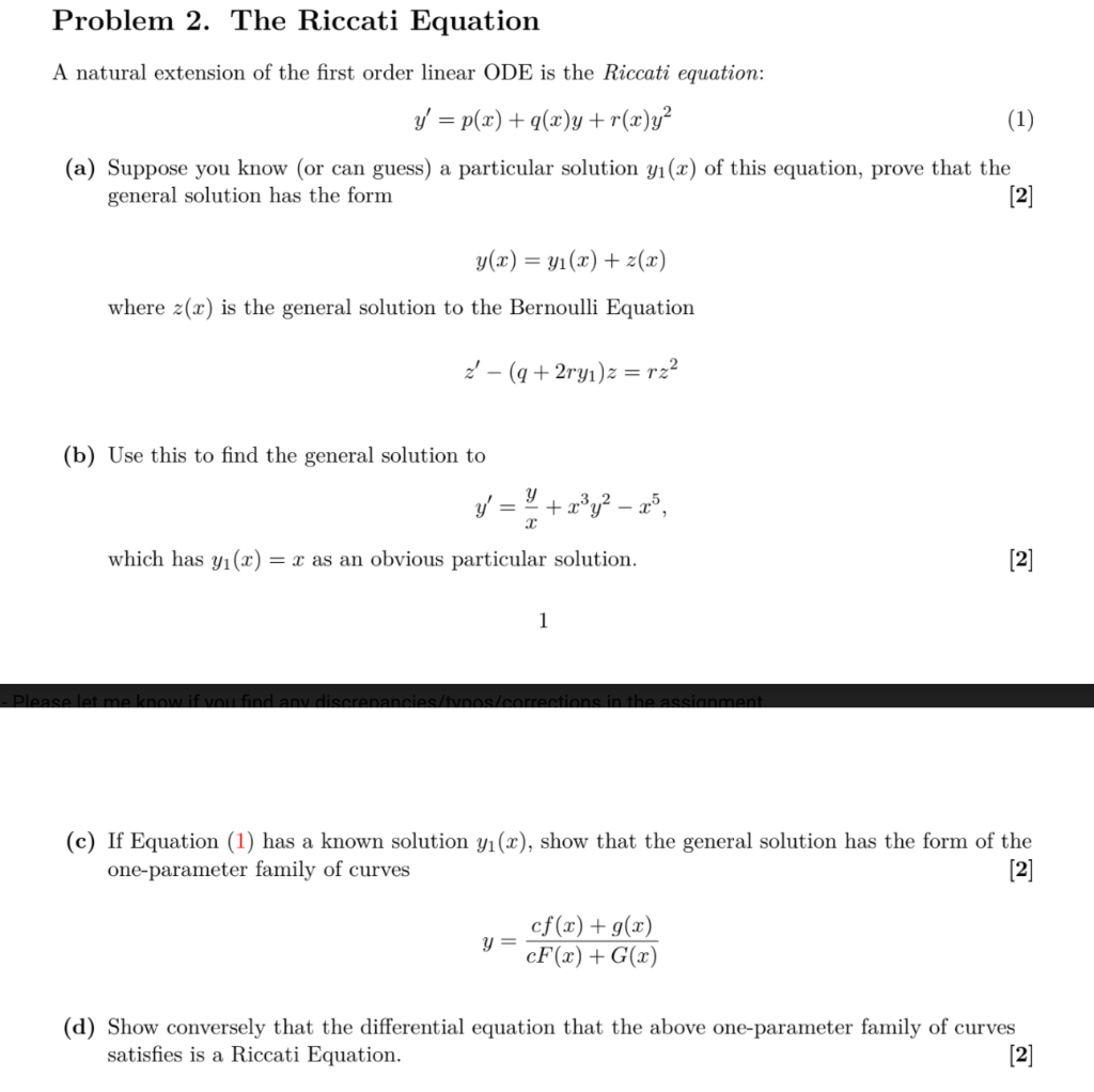 Solved Problem 2. The Riccati Equation A natural extension | Chegg.com