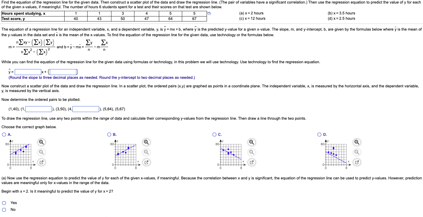Solved Find the equation of the regression line for the | Chegg.com