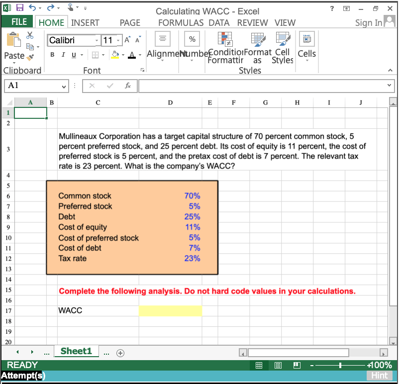Calculating WACC Excel FILE HOME INSERT PAGE FORMULAS | Chegg.com