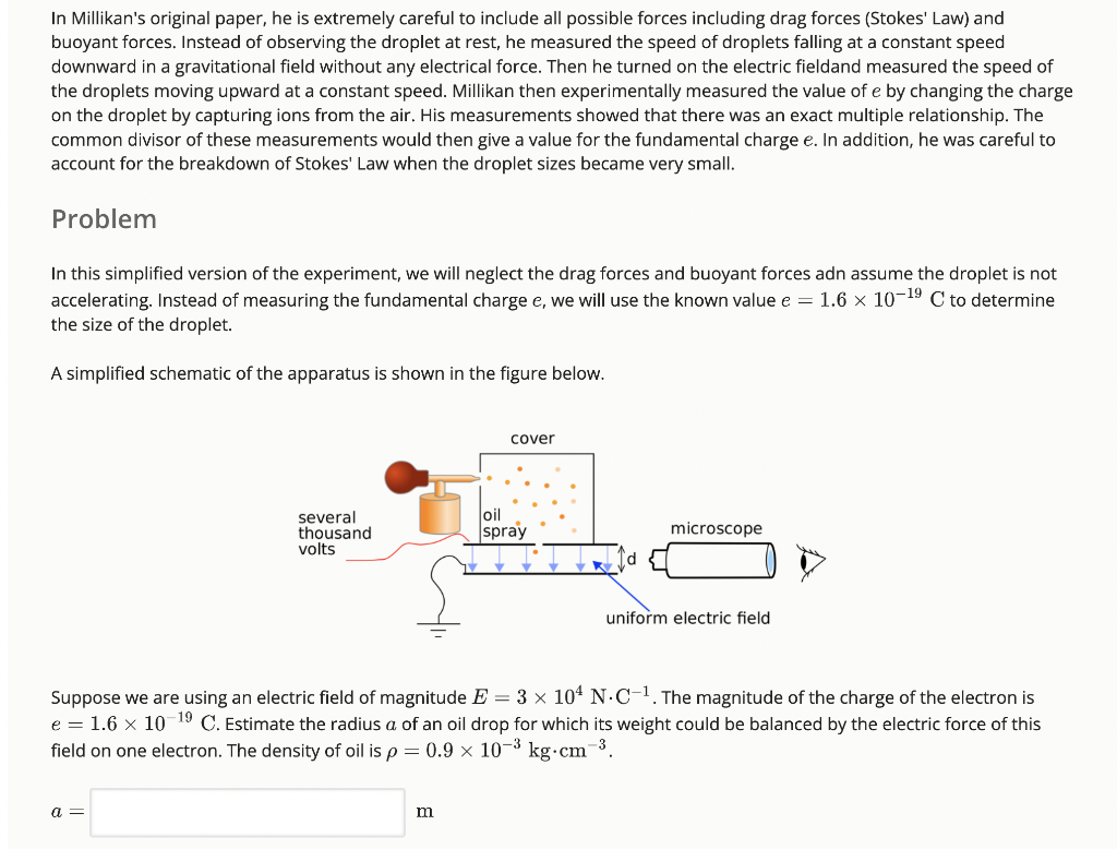 Solved In the Millikan oil drop experiment, an atomizer (a | Chegg.com